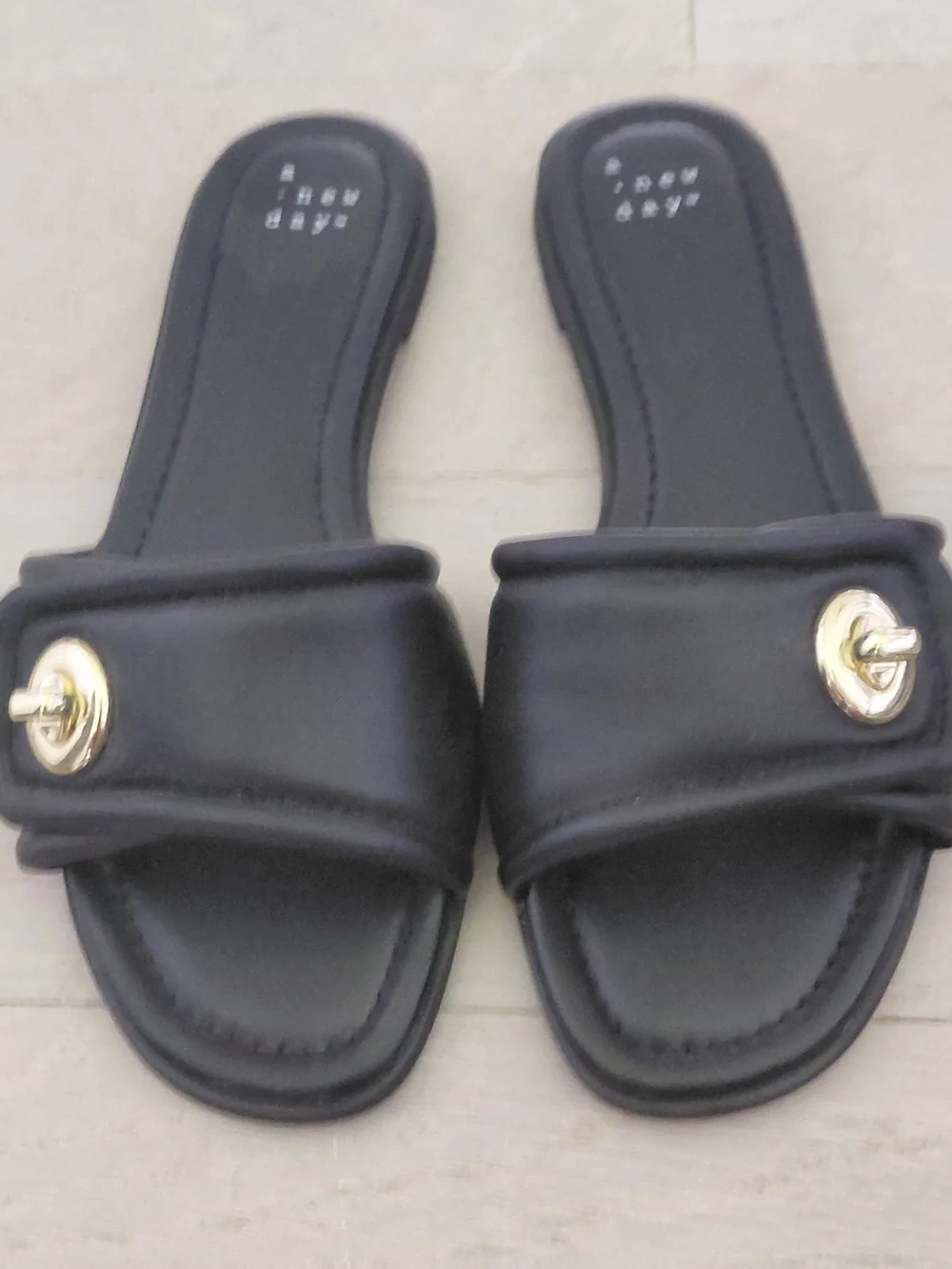 a new day | Shoes | Anewday Black Slide Sandals With Gold Turnlock ...